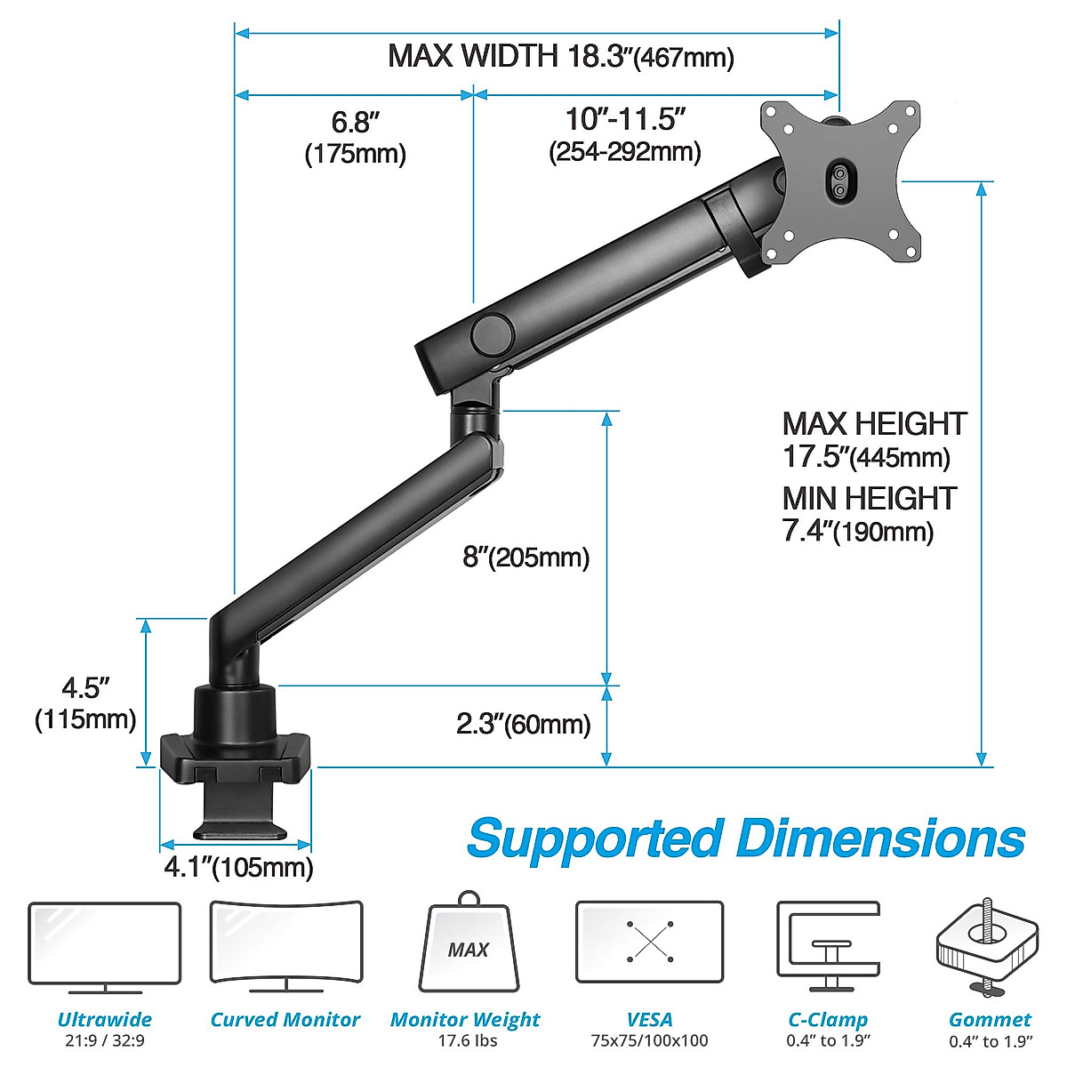 AVLT Single 13"-32" Monitor Arm Desk Mount fits One Flat/Curved/Ultrawide Monitor Full Motion Height Swivel Tilt Rotation Adjustable Monitor Arm - VESA/C-Clamp/Grommet/Cable Management
