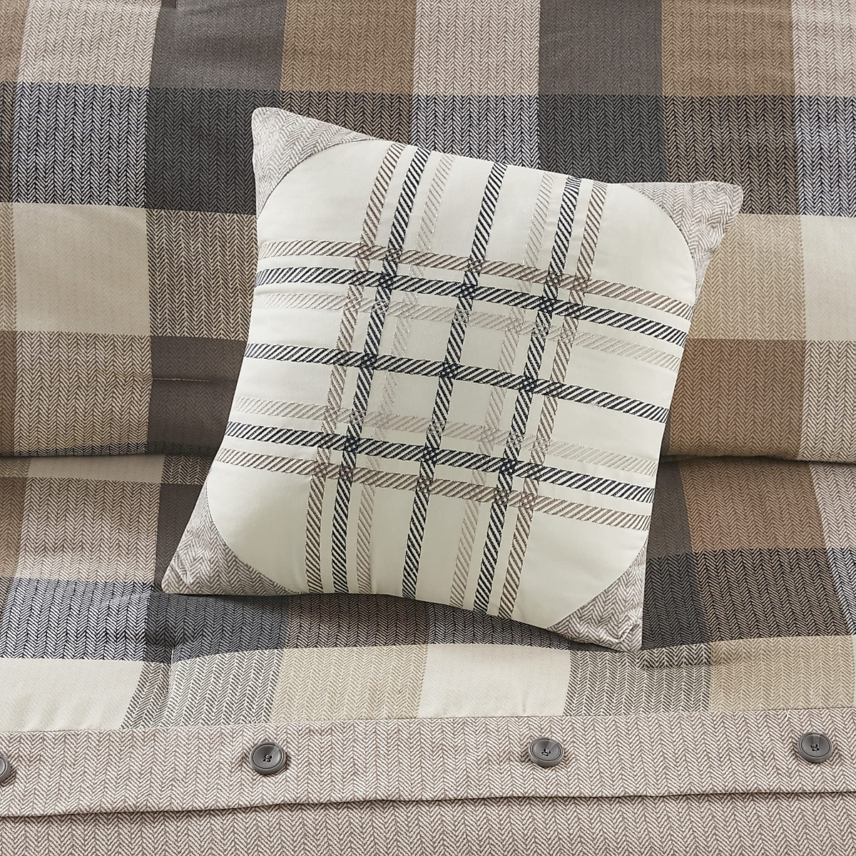 Madison Park Ridge Comforter Set-Cabin Lodge Plaid Herringbone Design All Season Down Alternative Cozy Bedding with Matching Bedskirt, Shams, Decorative Pillow, King(104"x92"), Neutral 7 Piece