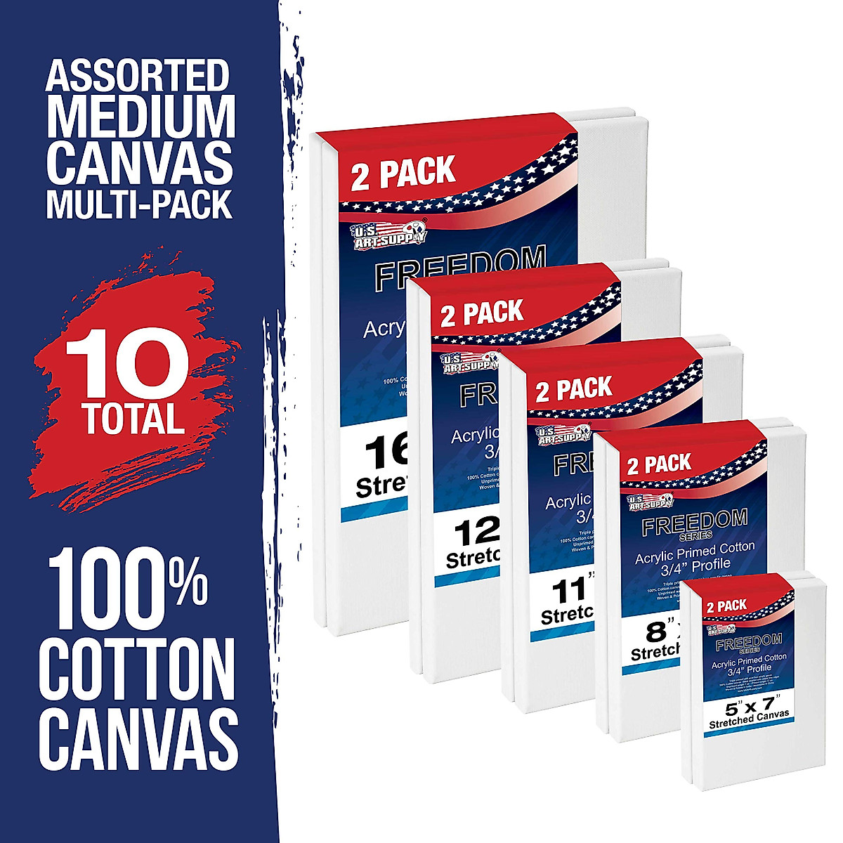 U.S. Art Supply Professional Quality Stretched Canvas, Multipack of 10 Medium Sizes, 2 Each 5x7, 8x10, 11x14, 12x16, 16x20 Inches - 12-Ounce Primed, 3/4", 100% Cotton - Painting, Acrylic Pouring, Oil