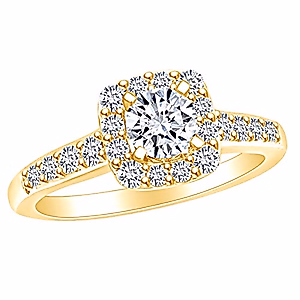 AFFY 1 Carat (Cttw) Round White Natural Diamond Square Frame Halo Engagement Wedding Ring In 14k Solid Yellow Gold Ring Size-7
