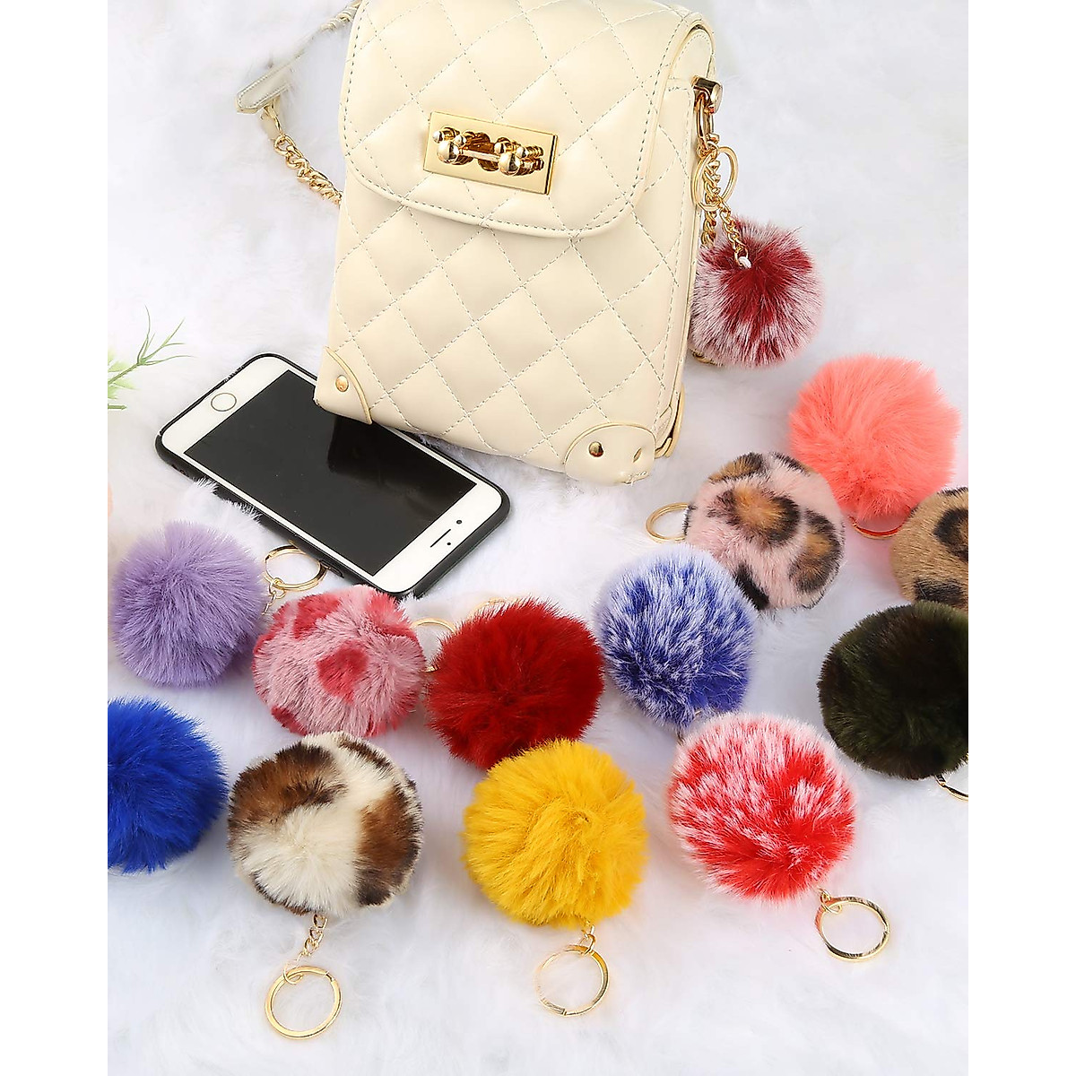 Auihiay 40 Pieces Pom Poms Keychains Fluffy Balls Pompoms Key Chain Faux Rabbit Fur Pompoms Keyring for Girls Women Hats Bags Knitting Accessories