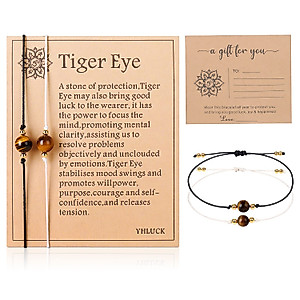 Yhluck 2pcs Tiger Eye Bracelet Handmade Natural Healing Crystal Bracelet with Wish Cards Adjustable Braided Beaded Bracelet Anklet Jewelry Set Yoga Reiki Gift for Couple Friendship