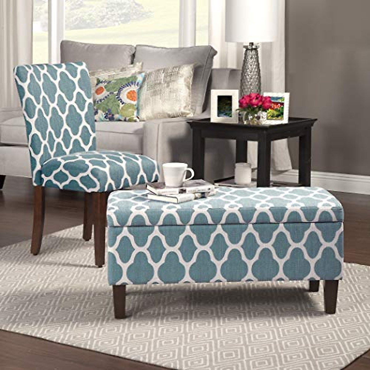 HomePop Parsons Classic Upholstered Accent Dining Chair, Set of 2, Teal and Cream Geometric