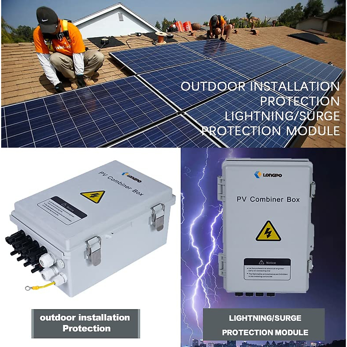 lopopvsys 4 String PV Combiner Box with Lightning Arreste, 15A Rated Current Fuse and 2P 63A Circuit Breakers for On/Off Grid Solar Panel System (4 String PV Combiner Box)