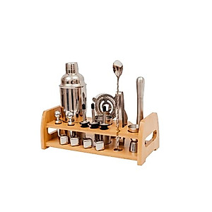 Cocktail Mixology Shaker Set - Bartender Kit with an Elegant Bamboo Stand - Bar Accessories Kit Including a Martini Shaker, Bar Jigger, Syrup Dispenser & Mixer Recipe Book