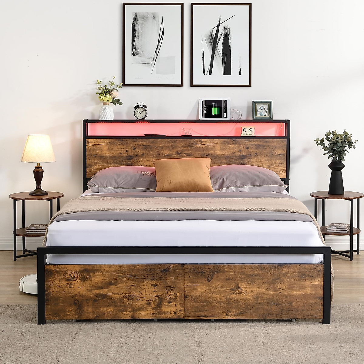 CNANXU Industrial Full Size Platform Bed Frame with LED Lights Headboard and 2 Storage Drawers, Metal Bed Frame with Charging Station, Mattress Foundation with Slats Support (Full, Drawers)