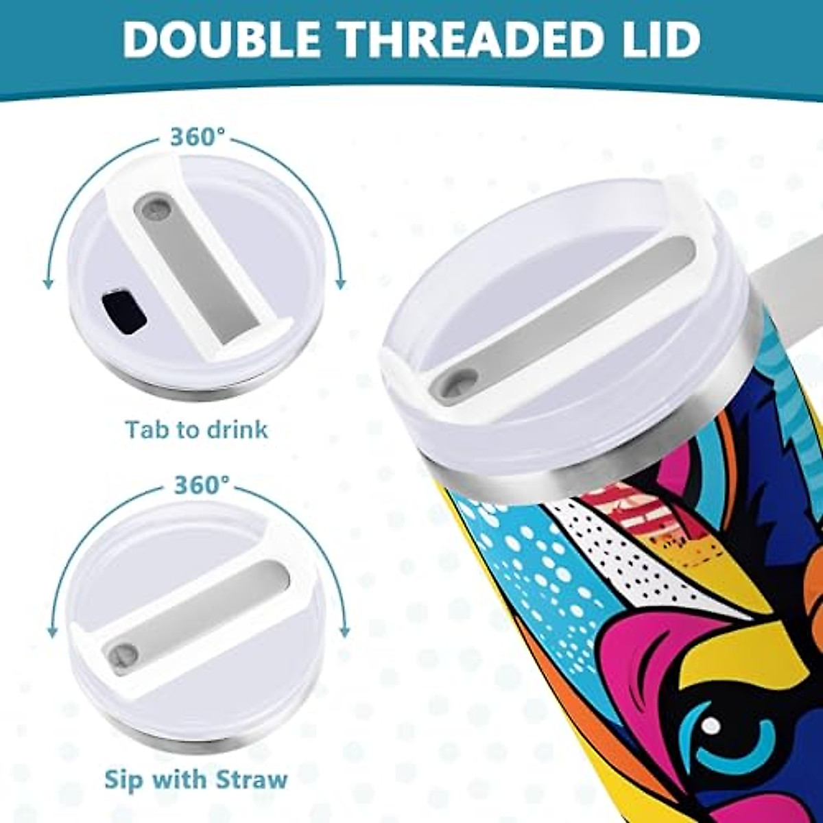 Dog Head Abstract Tumbler with Handle and Straw 30-40 Lid Cup Holder Compatible for Travel Insulated Stainless Steel Cup Food Grade PP Gifts for Him Her BPA-free