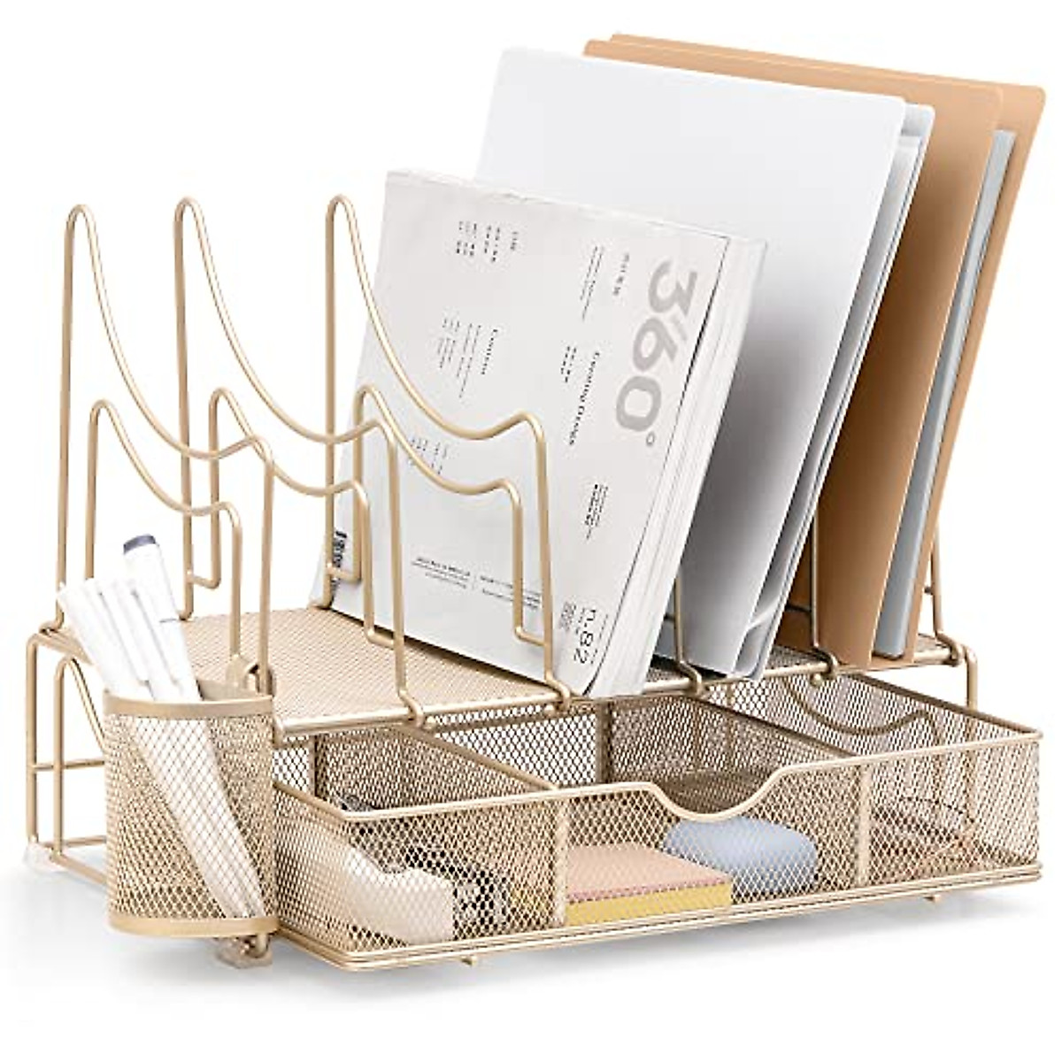 ARCOBIS Gold Desk File Organizer for Women, Desk Organizers and Accessories with Pen Holder & Sliding Drawer & Vertical File Folder Sorters, Cute Desktop File Holder for Office Supplies