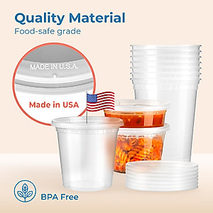 [24 Pack] Food Storage Containers with Lids, Round Plastic Deli Cups, US Made, 32 oz, Quart Size, Leak Proof, Airtight, Microwave & Dishwasher Safe, Stackable, Reusable, White