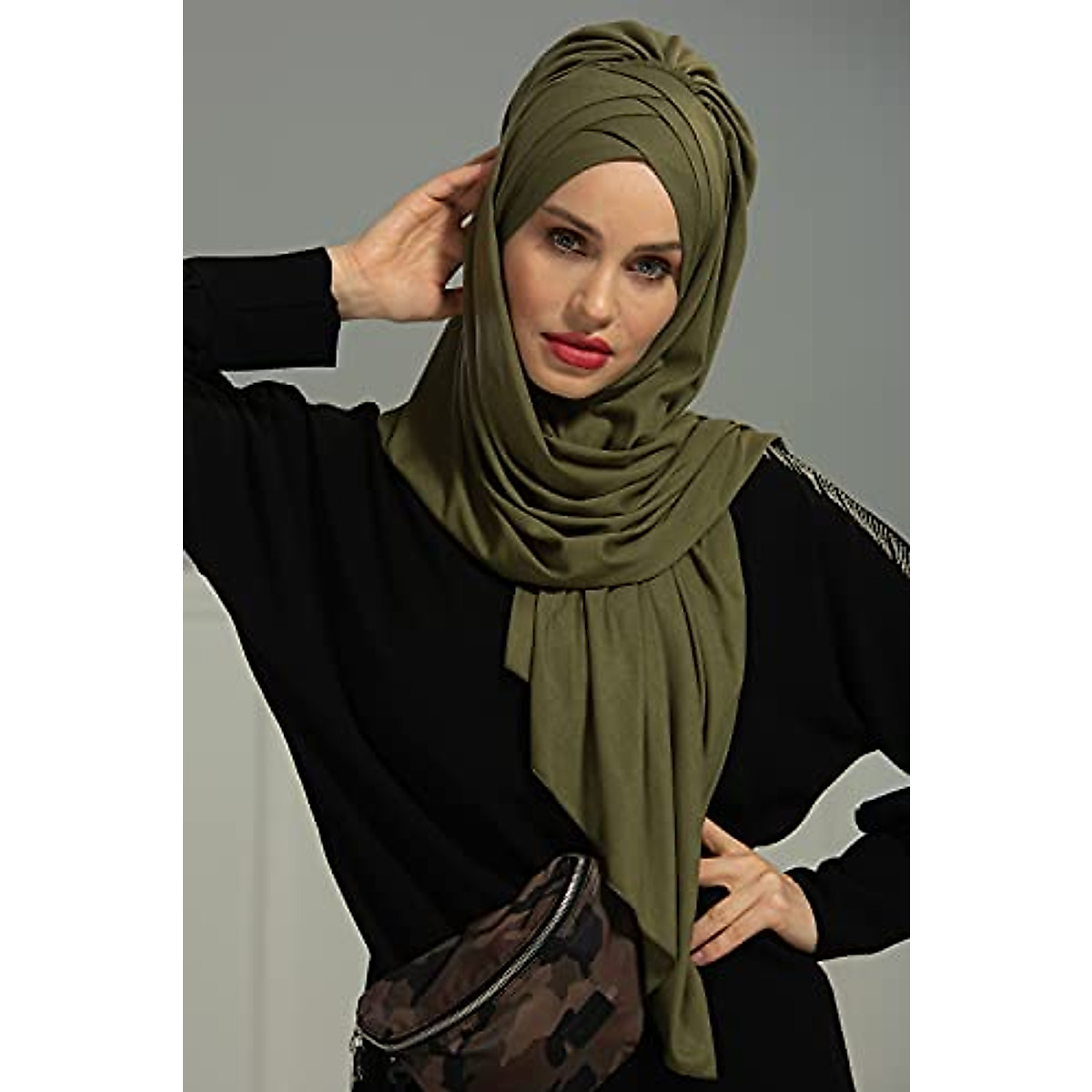Aisha's Design Instant Hijab for Women Muslim, Presewn 95% Cotton Jersey Turban, Ready to Wear Scarf, Army Green