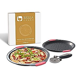 Bella Cooks Pizza Pan for Oven (Set of 2 Pizza Pans) 15″ Pizza Pan with Holes - Non-Stick & Dishwasher Safe - Pizza Tray for Oven - Incl. Pizza Cu