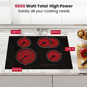 GASLAND Chef Electric Cooktop 30 Inch, Electric Radiant Cooktop CH77BF Drop-in 4 Cooking Zones Ceramic Cooktop with 9 Power Levels, Sensor Touch Control, Child Safety Lock, 240V, 1-99 Minute Timer