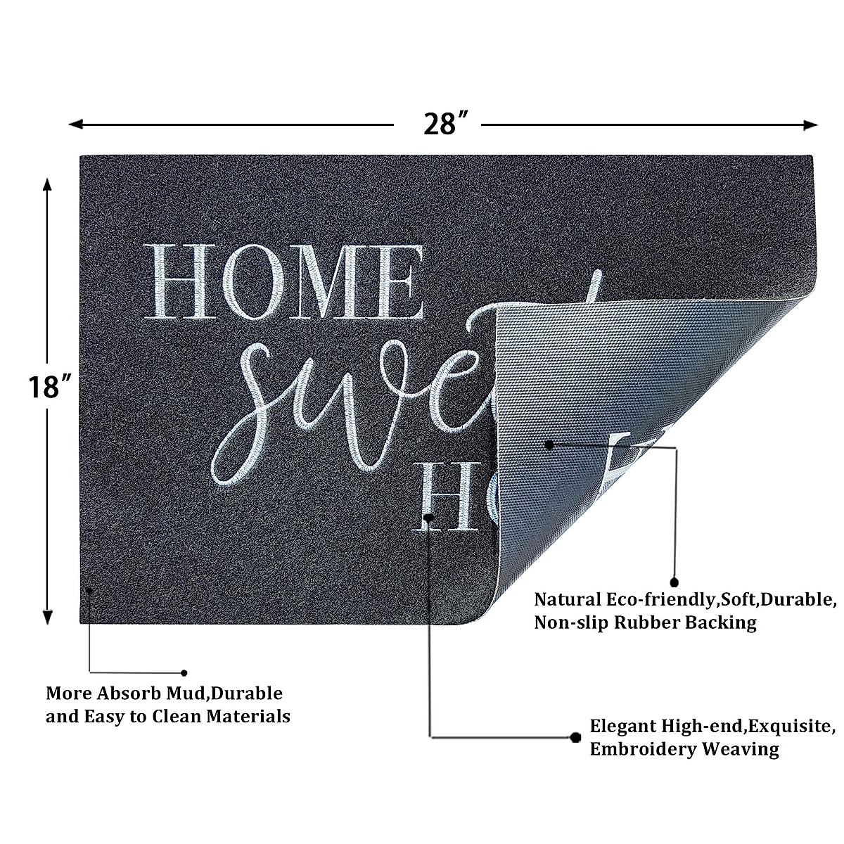 AAZZKANG Door Mats Outdoor Welcome Mat Indoor with Non Slip Rubber Backing Home Sweet Home Doormat Quickly Trap Dirt Easy to Clean Front Door Mat for Entrance Black