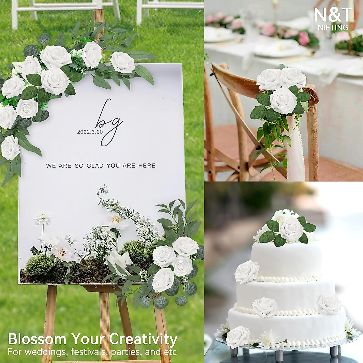 N&T NIETING Artificial Flowers, 25pcs Fake Flowers White Rose Perfect for DIY Wedding Bridesmaid Bridal Bouquets Centerpieces Home Flower Arrangement Decoration