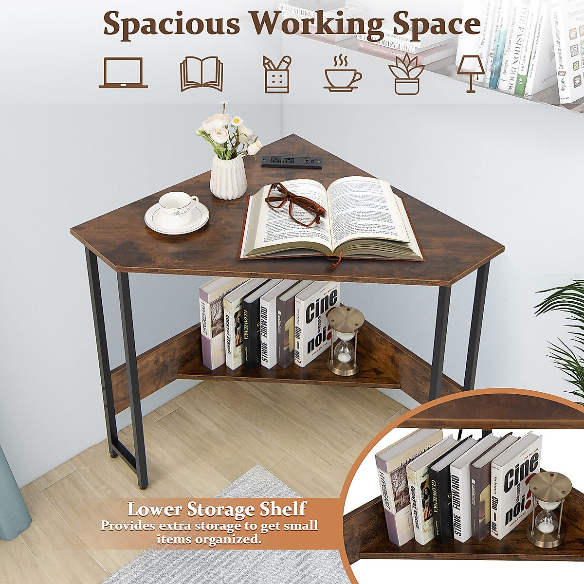 GLOBALWAY Corner Desk with Charging Station & USB Port, 90-degree Triangle Computer Workstation w/Storage Shelf, Metal Frame, Space-saving Laptop PC Desk for Small Space, Home Office (Rustic Brown)