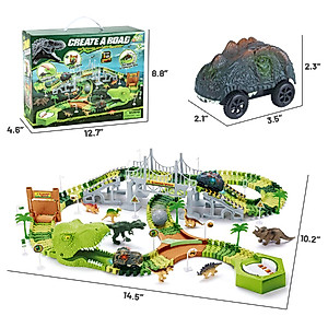 Dinosaur Toys Race Track,174pcs Flexible Track Set with 2 Dino Cars,Create a Dinosaur World Road Race,Include 8 Dinosaur Figurines,Jumbo Dinosaur Head,Dino Door & Bridge for Kids Toddlers Boys Girls