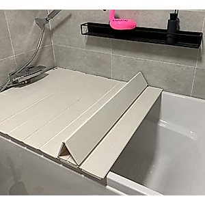 MOGUOBIN Shutter Bath Lid,1.2cm Thickness White Wood Grain PVC Bathtub Tray,Bath Insulation Cover,Foldable Anti-dust Bathtub Cover Bath Insulation Cover,Can Store Wine Glass,Tablets,Books,Cellphones