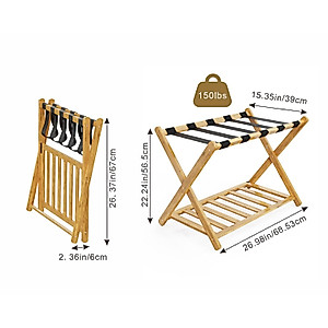 Luggage Rack, Folding Suitcase Stand with Storage Shelf, Natural Bamboo Suitcase Storage, Heavy-Duty Luggage Holder for Guest Room, Bedroom, Hotel, Luggage Racks for Suitcases, Holds up to 150lb
