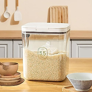 Qiveno Airtight Rice Storage Bin Flour Storage Container 10 Lbs/5.81Qt, Clear Food Container with Measuring Cup Airtight Lid for Kitchen Pantry Organization and Storage