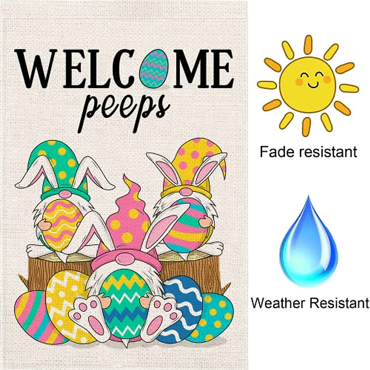Ksoemar Easter Flag 28 x 40 Double Sided, Welcome Peeps Bunny Gnomes Easter House Flags, Large Burlap Yard Flag,Spring Gnomes Eggs Rabbit Welcome Easter House Decoration