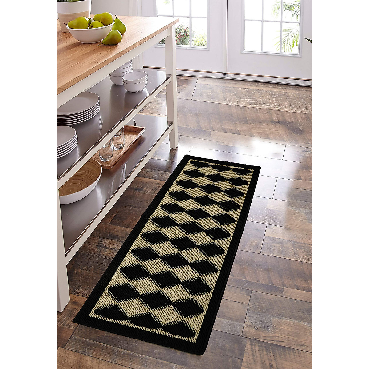 Marina Decoration Decor Luxury Non-Slip Rubber Backing Safety Ultra Water Absorbent Soft Woven Fluffy Runner Area Carpet Floor Mat Indoor Kitchen Rug, Black Pumice Geometric Design 2 Pieces Set