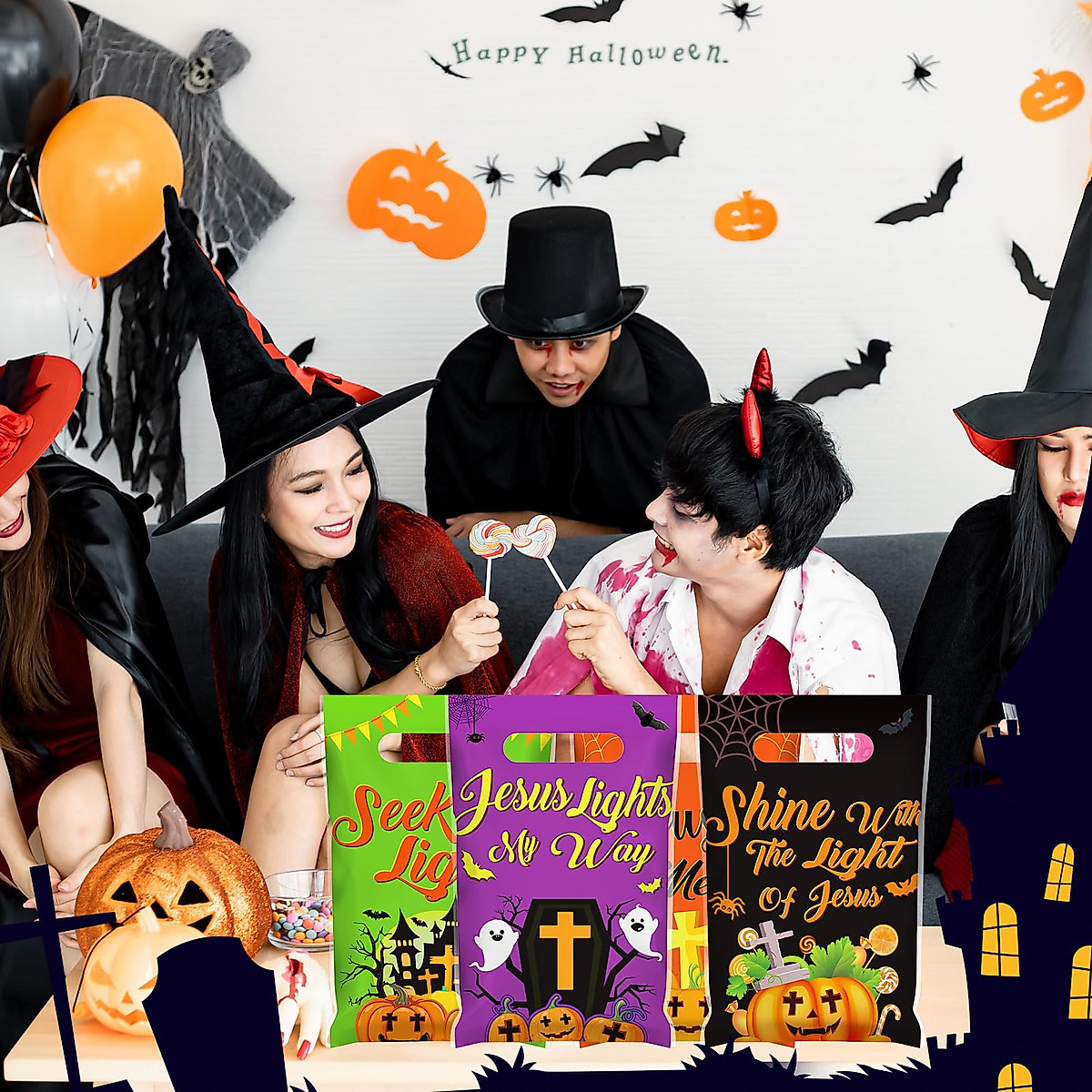 Tiangrid 48 Pieces Halloween Plastic Gift Bags Halloween Pumpkin Treat Bags Christian Religious Candy Bags Mixed Color Party Favors Bags with Handle for Holiday Supplies