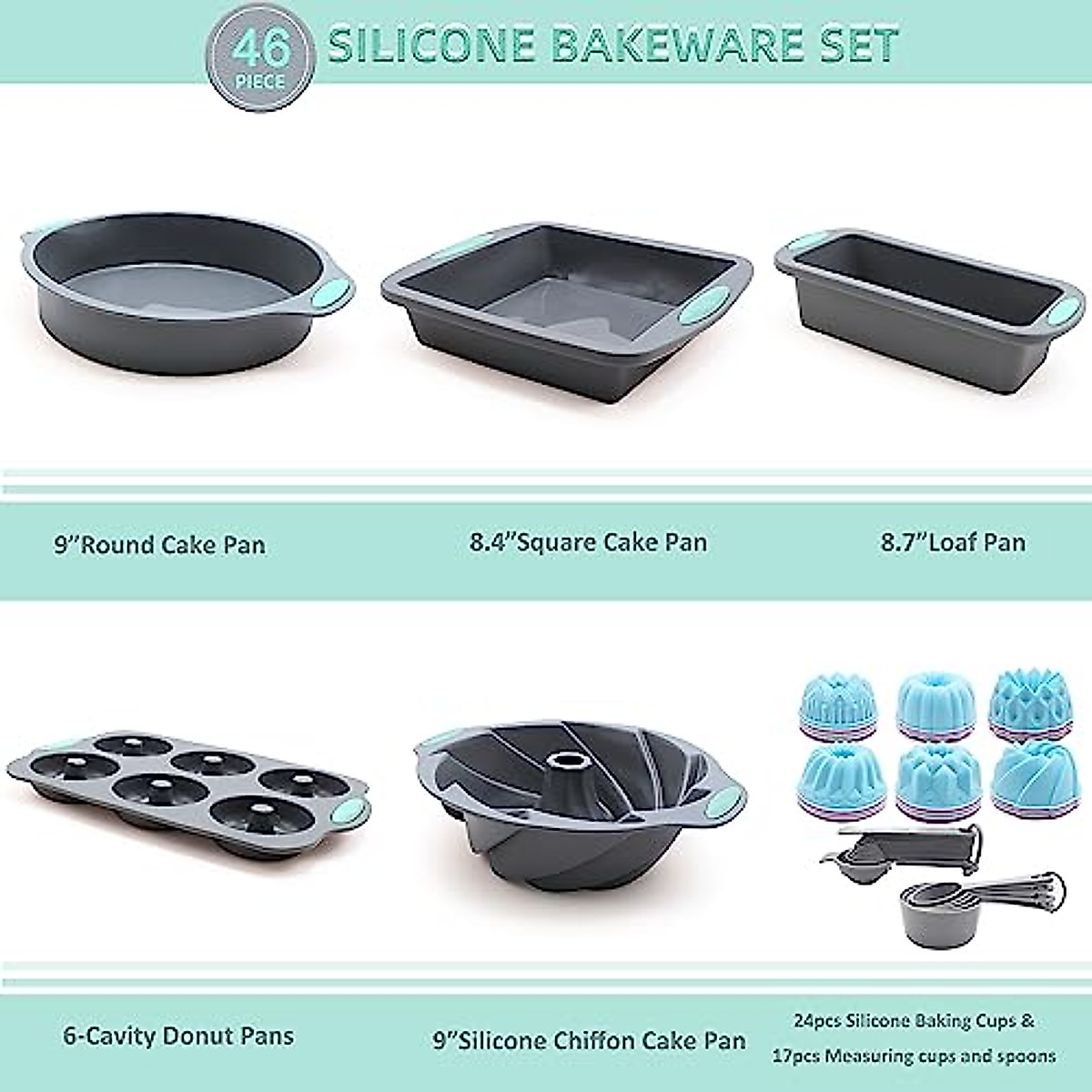 Tongjude 46 Piece Silicone Bakeware Set, Non-Stick Kitchen Oven Baking Pans, Silicone Cake Molds with Cake Pan, Chiffon Cake Pan, Donut Pan, Square Cake Pan and Loaf Pan