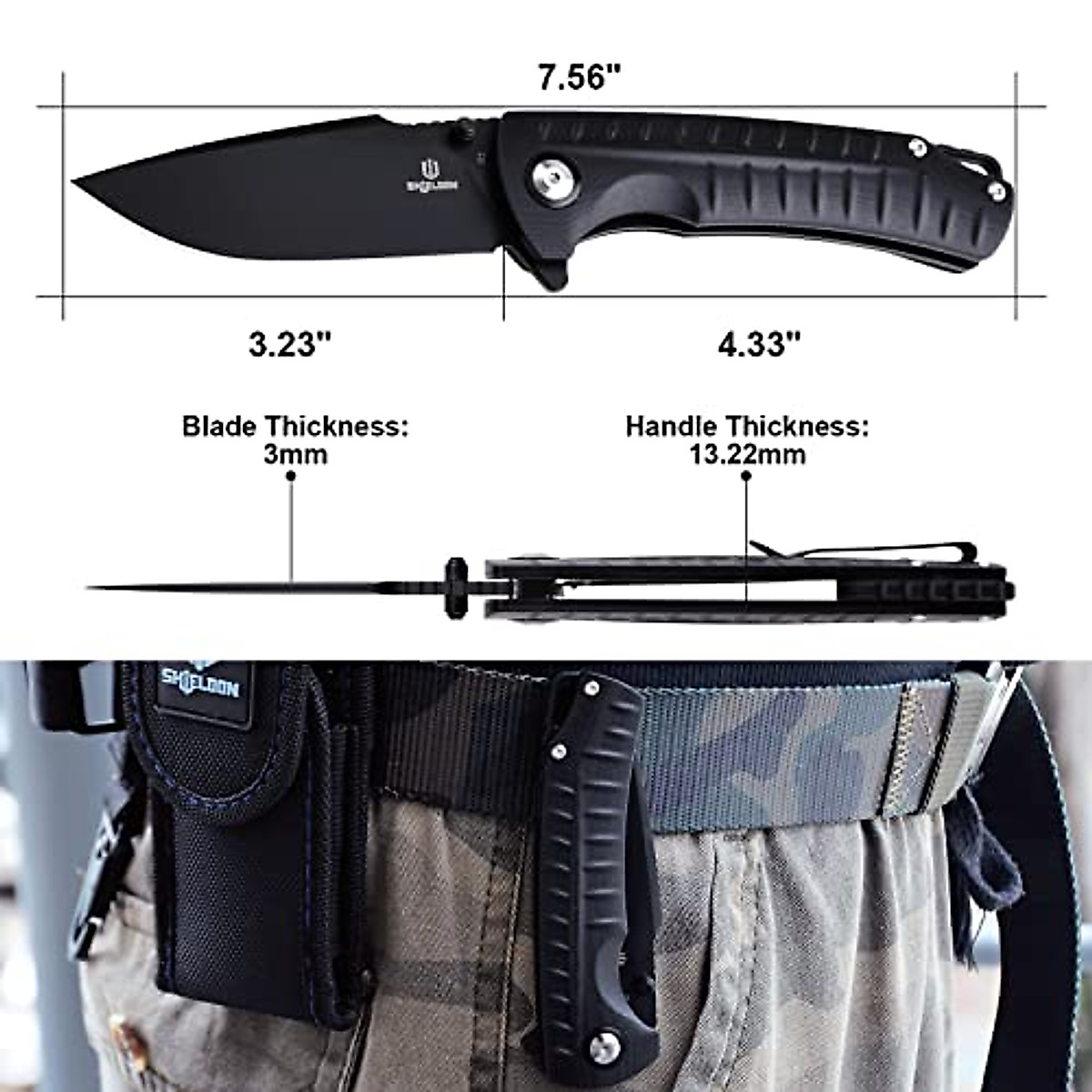 SHIELDON Relicanth EDC Pocket Knife, 3.2" D2 Blade Black G10 Handle Liner Lock Folding Knife with Clip, Qualified as Outdoor Hunting Knife