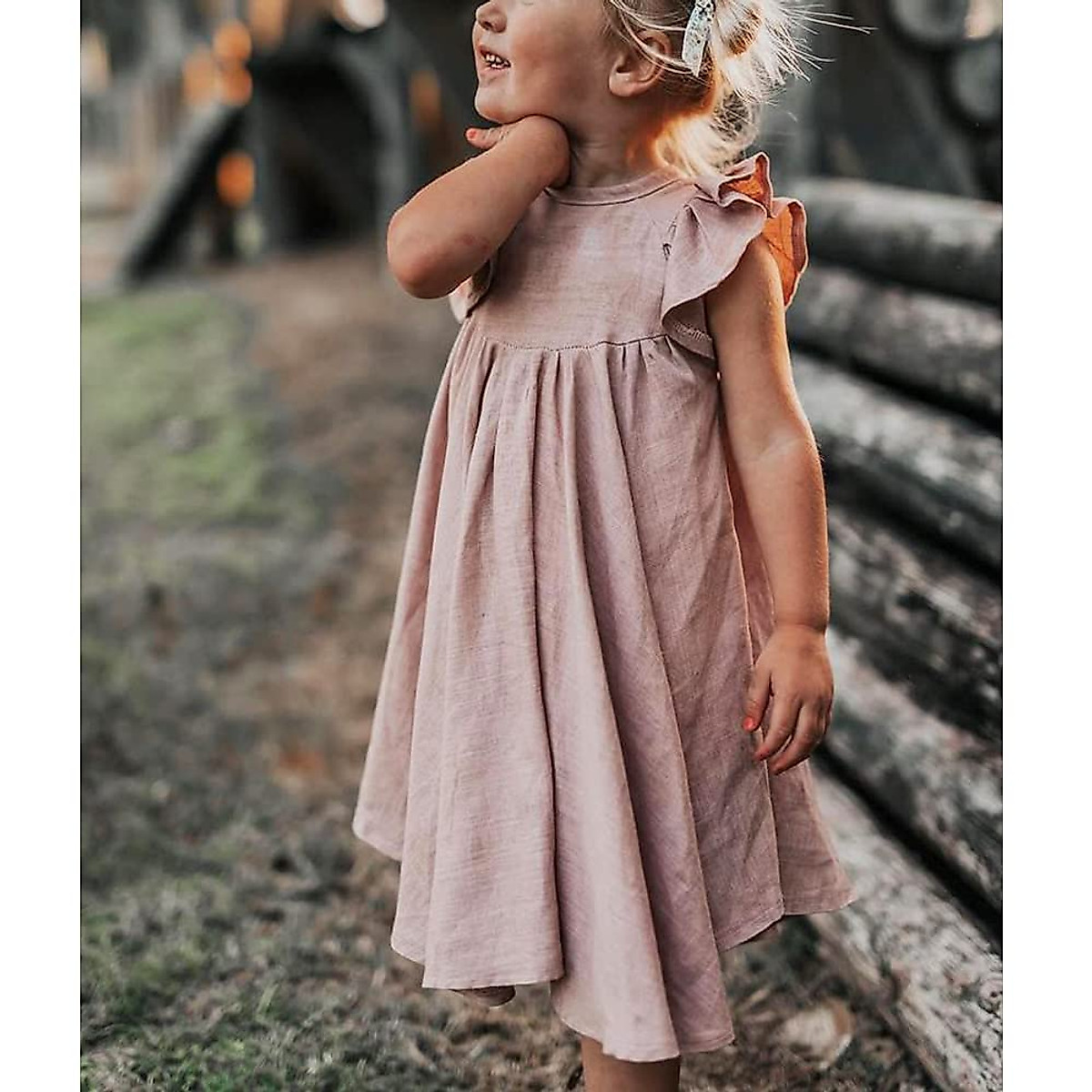 Toddler Baby Girl Dress Summer Cotton Linen Ruffle Halter Sleeveless Kids Casual Beach Party Dresses 2-7 Years (Pink, 3-4T, 3_years)