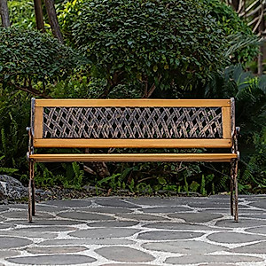 Gardenised QI003462L Outdoor Classical Wooden Slated Park, Steel Frame Seating Bench for Yard, Patio, Garden, Balcony, and Deck, Brown