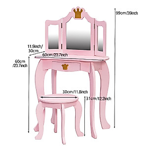 GIMMYFIVE Pretend Play Kids Vanity Set with Mirror and Stool,Kids Wooden Play Vanity Set with Vanity Table with Lights, Tri-Fold Mirror, Storage Drawer for Toddlers