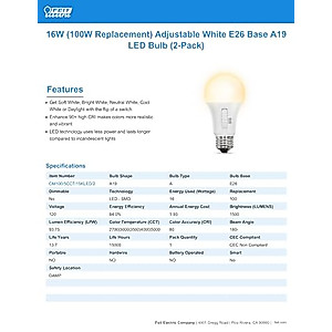 Feit Electric A19 LED Light Bulb, 100W Equivalent, Non-Dimmable, 5CCT, E26 Medium Base, 90 CRI, 1500 Lumens, Standard Light Bulb with Switch on Bulb, 13-Year Lifetime, OM100/5CCT/15KLED/2, 2 Pack