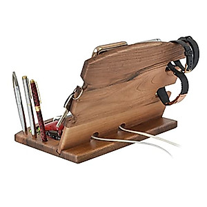 TESLYAR Natural Walnut Wood Phone Docking Station Phone Key Holder Wallet Stand Watch Organizer Men Husband Wife Anniversary Dad Birthday Nightstand Purse Father Graduation