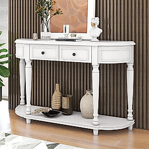 Retro Circular Curved Design Console Table with Open Style Shelf Solid Wooden Frame and Legs Two Top Drawers Ample Storage, Shape Console Table for Hallway Living, Dining Room (Antique White)