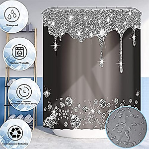 MEXERA 4PCS Bling Diamond Shower Curtain Set with Non-Slip Rugs Toilet Lid Cover and Bath Mat Shower Curtain with 12 Hooks Bathroom Sets with Shower Curtain and Rugs and Accessories