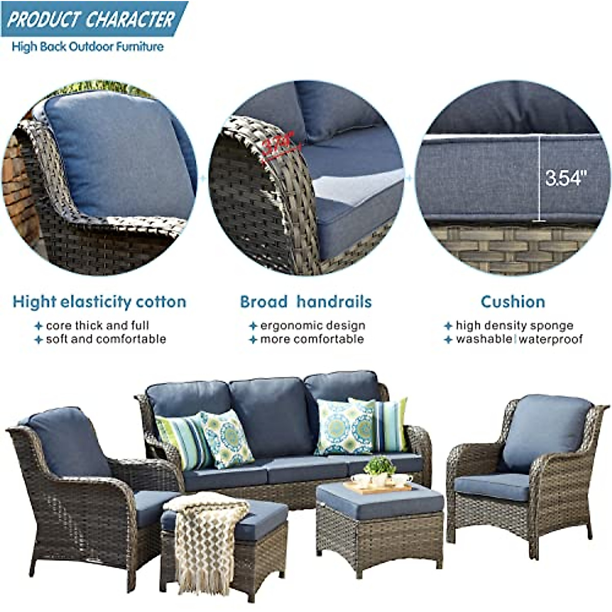 Patio Furniture 5 Pieces Outdoor Furniture Set All Weather Wicker Outside Sectional Sofa with 2 Chairs and Ottomans for Garden Deck Backyard,Grey Wicker Denim Blue