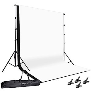 HYJ-INC Photo Background Support System with 8.5 x 10ft Backdrop Stand Kit, 100% Cotton Muslin Backdrop (White Black),Clamp, Carry Bag for Photography Video Studio