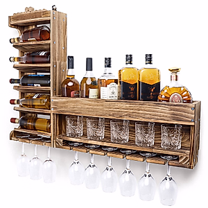 Homde Wine Rack Wall Mounted Wood Wine Shelf with Bottle Stemware Glass Holder Rustic Wine Display Storage Rack