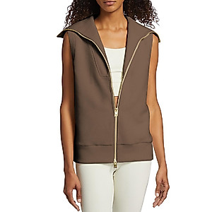 Viottiset Women's Ribbed Full Zip Lapel Collar Sleeveless Sweatshirt Sweater Vest Fall Casual Top Brown M