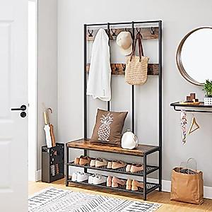 VASAGLE Large Coat Rack Stand, Coat Tree with 12 Hooks and Shoe Bench in Industrial Design, Hall Tree, Multifunctional Hallway Shelf, Office, Bedroom, Rustic Brown and Black UHSR86BX