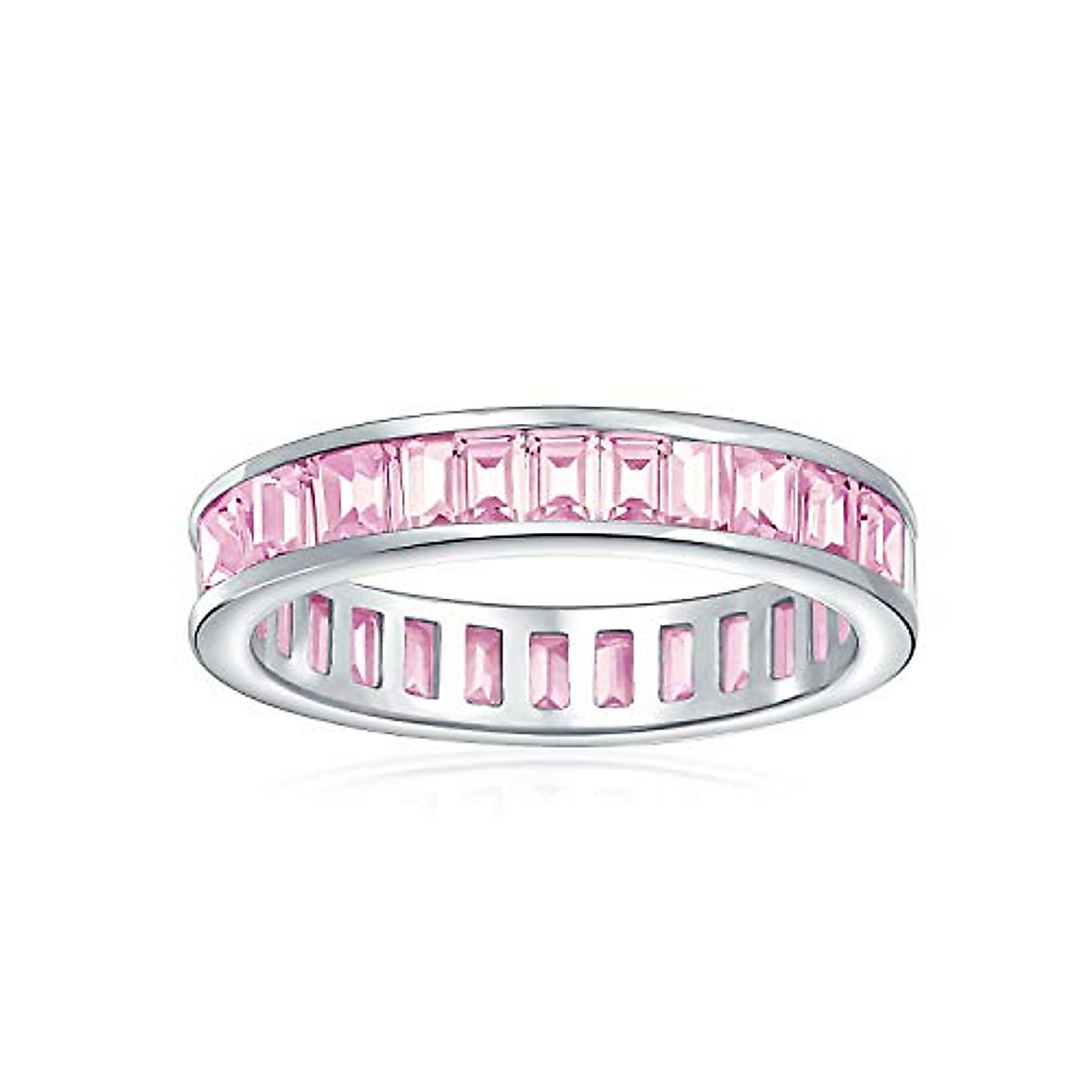 AAA Cubic Zirconia Pink Channel Set Rectangle Emerald Cut Baguette CZ Eternity Ring Anniversary Wedding Band For Women .925 Sterling Silver 4MM Stackable Rings
