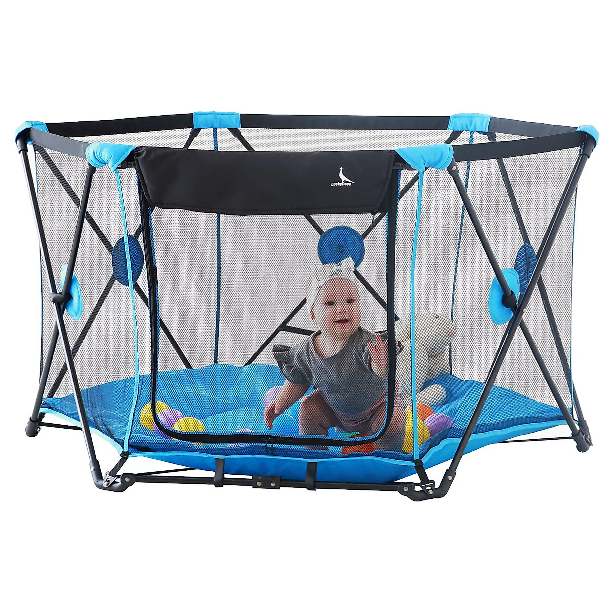 LuckyDove Portable Playpen for Innfants and Toddlers,Portable Play Yard for Baby with Padded Floor,Kids Activity Centre,Baby PlayPen with Carrying Bag,Washable,Foldable.Size:53"Wx 30"H(Blue)