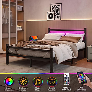 Maliacife Full Bed Frame with Headboard and Footboard,Metal Platform Double Bed Frame with Charging Station and LED, Steel Slats Mattress Foundation, No Box Spring Needed,Noise Free, Black