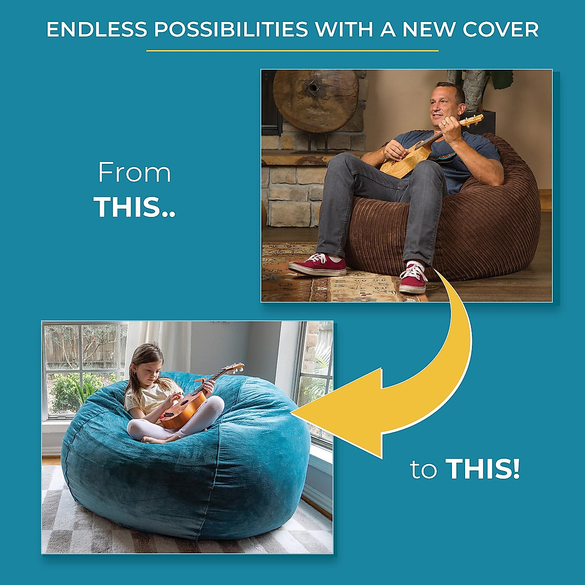 CordaRoy's Chenille Bean Bag Cover (Bean Bag Sold Separately) - Cover for Convertible Bean Bag Chair & Bed - Machine-Washable Chenille Fabric - for Basement, Living Room, Dorm - Full - Charcoal