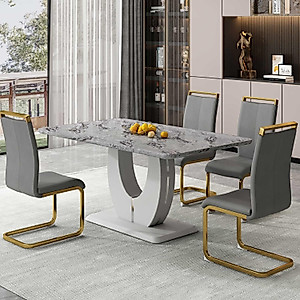 hohoedc 63" Morden Faux Marble Dining Room Table Set,Big Kitchen Dining Table for 6-8 with MDF Base,7 Piece Rectangle Dining Table Set &6 Pu Leather Golden Leg Chairs