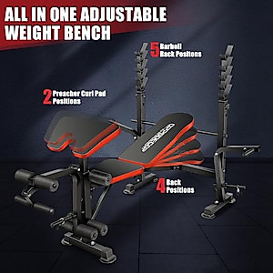 OPPSDECOR 660lbs 6 in 1 Weight Bench Set with Squat Rack, Workout Bench with Leg Extension Preacher Curl Rack Multi-Function Bench Press Set for Home Gym, ZWX1113 New Version Weight Bench