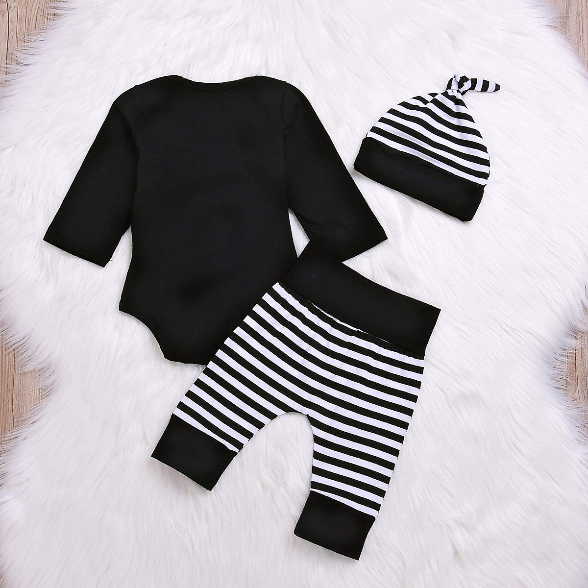 Besokuse Baby Unisex Worth the Wait Arrow Printed Romper Striped Pant Hat Outfit Clothes (Black, Newborn)