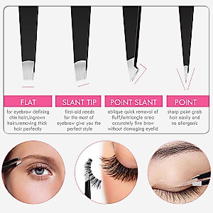 KINGMAS 5 Pcs Eyebrow Tweezers Set, Stainless Steel Brow Tweezer Scissors Set with Travel Case for Brow Facial/Ingrown Hair, Splinter (Black)