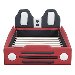 Harper & Bright Designs Twin Size Race Car-Shaped Platform Bed with Wheels, Faux Leather Upholstered Twin Bed Frame for Kids Boys Girls, No Box Spring Needed, Red