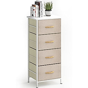 JSungo Dresser Storage Tower with 4 Drawers, Fabric Organizer Unit with Wooden Top for Bedroom, Living Room, Closets, 4 Tier Fabric Shelf with Steel Frame and Handles for Printer, Beige